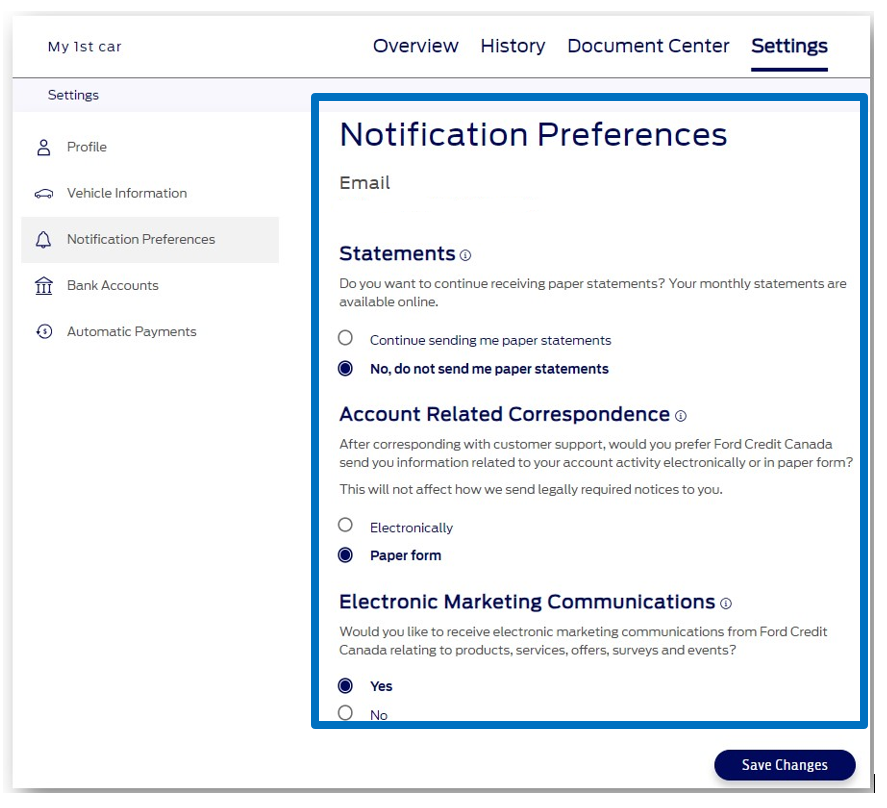 What types of account message notifications or alerts are available on my Ford Credit account?