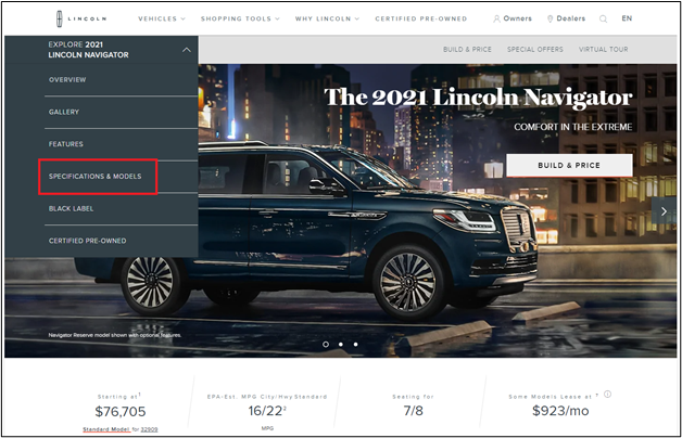 Where do I find the dimensions of a Lincoln vehicle?